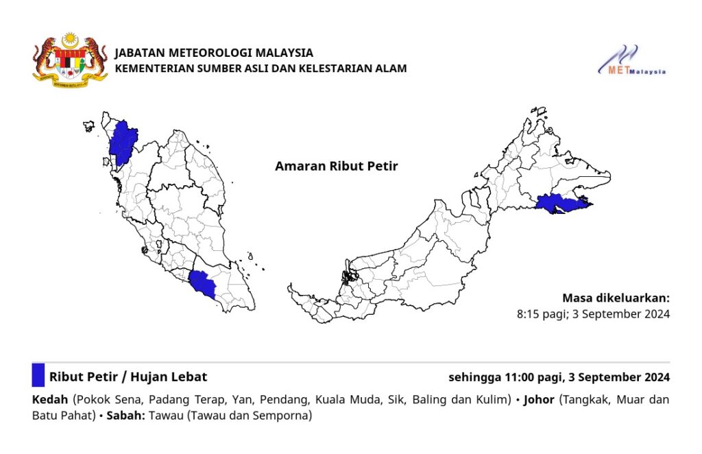 Amaran ribut petir di Kedah, Johor dan Sabah